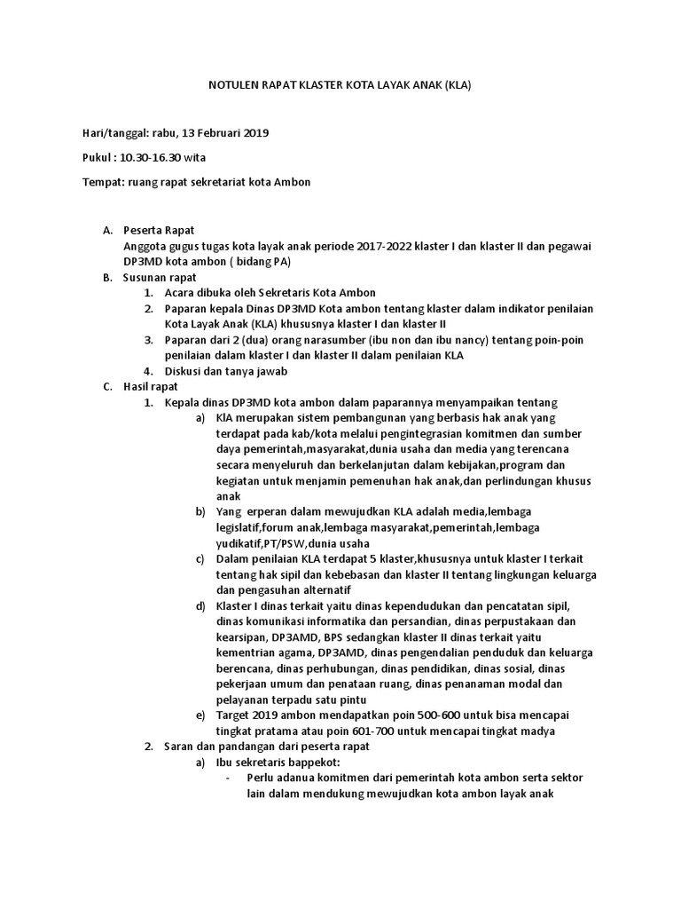 Notulen Rapat KLA Klaster I&II | PDF