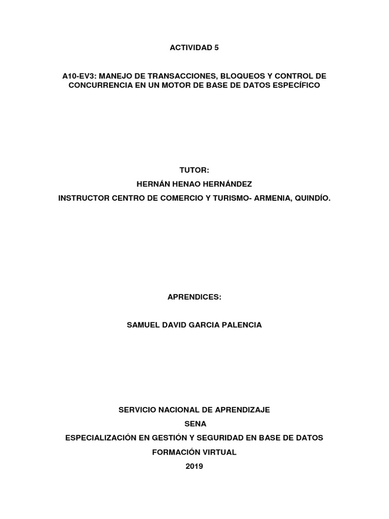 Actividad Aa10 3 Manejo De Transacciones Bloqueos Y Control De Concurrencia Pdf Servidor 