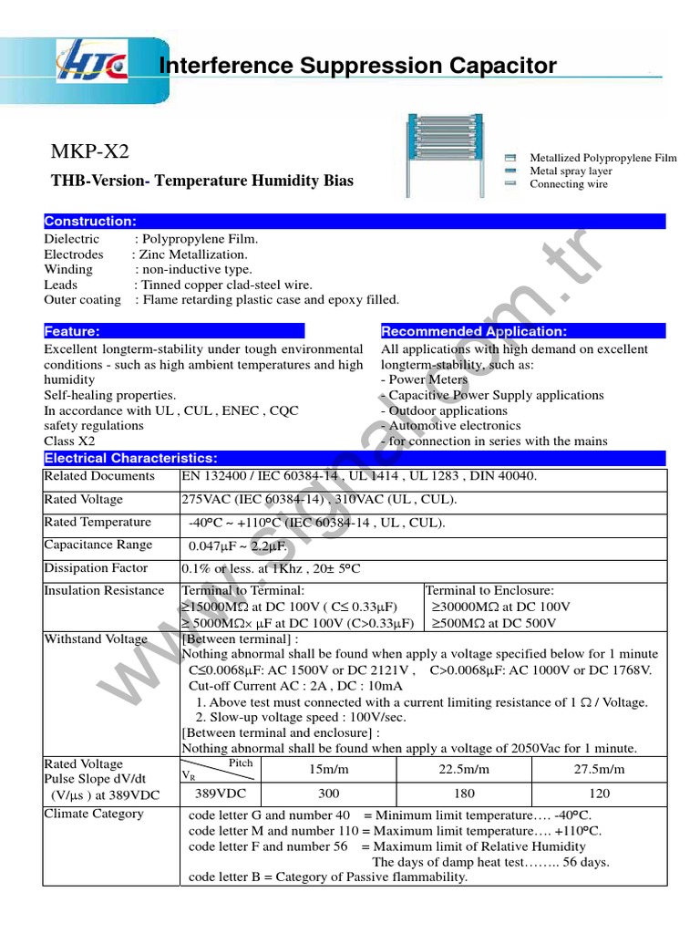 Interference Suppression Capacitor: MKP-X2 | PDF | Capacitor | Electrical Engineering