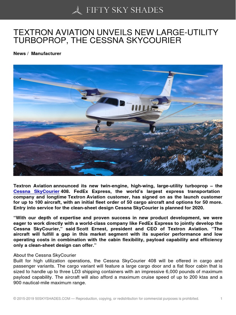 Textron Aviation Unveils New Large Utility Turboprop The Cessna Skycourier PDF | PDF | Cessna ...