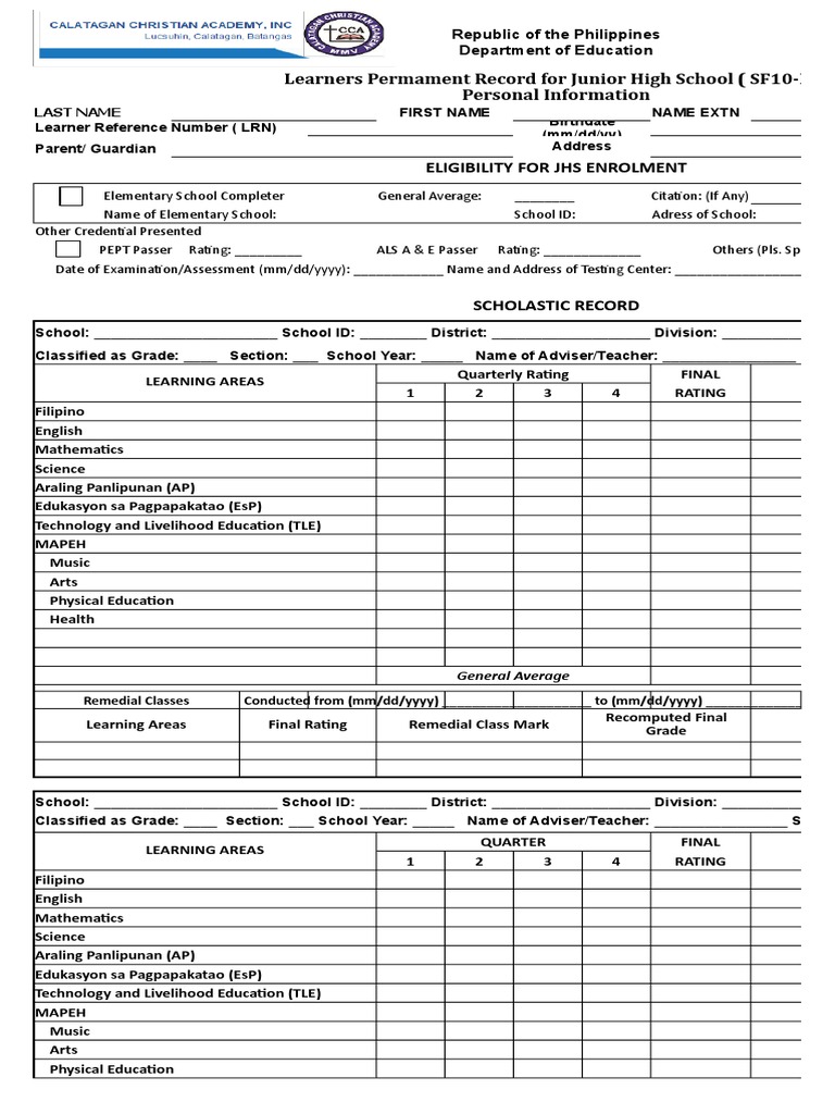 Senior High School-Permanent record-CCA | PDF | Physical Education ...