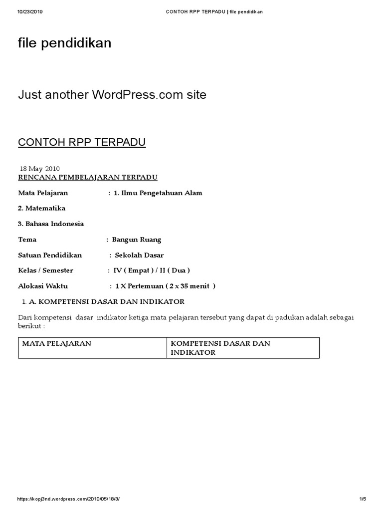 Contoh RPP Terpadu - File Pendidikan | PDF