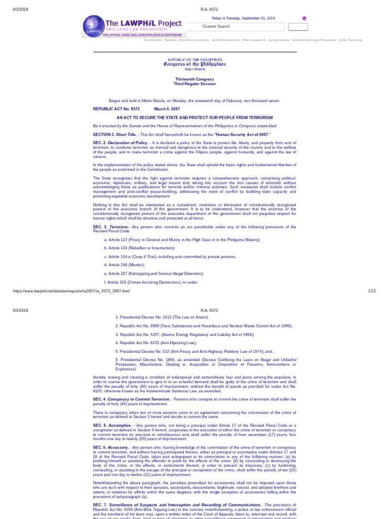 Human Security Act of 2007 (R.a. 9372) | PDF | Arrest | Detention (Imprisonment)
