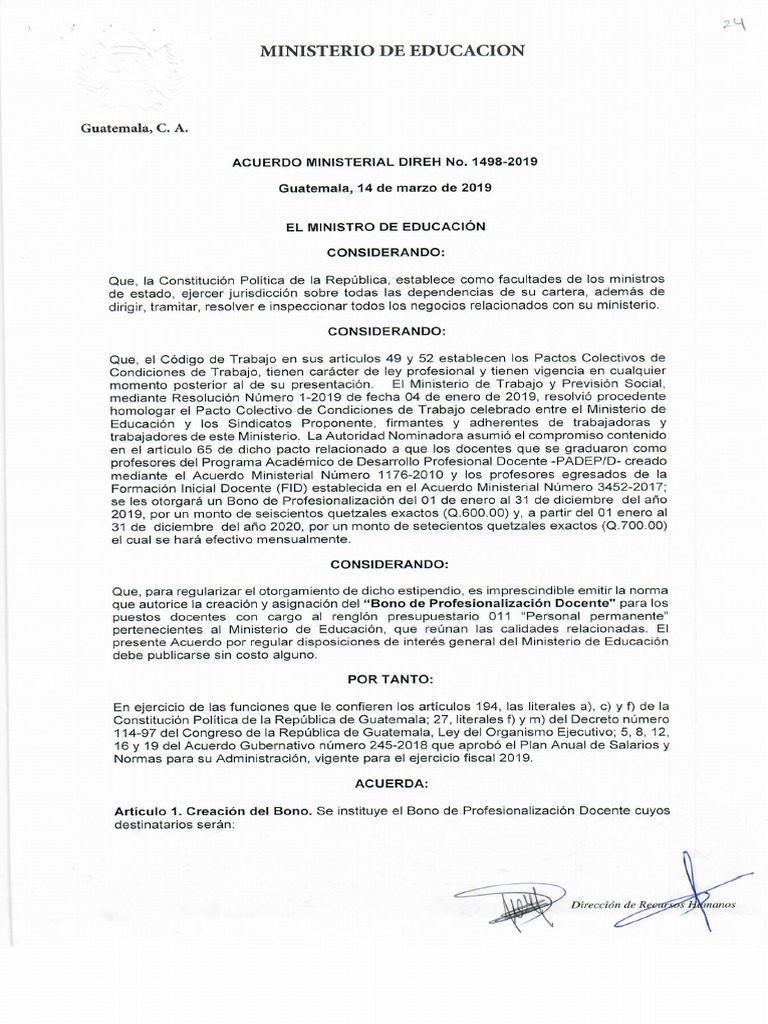 Acuerdo Ministerial DIREH-No. 1498-2019 PADEP PDF | PDF