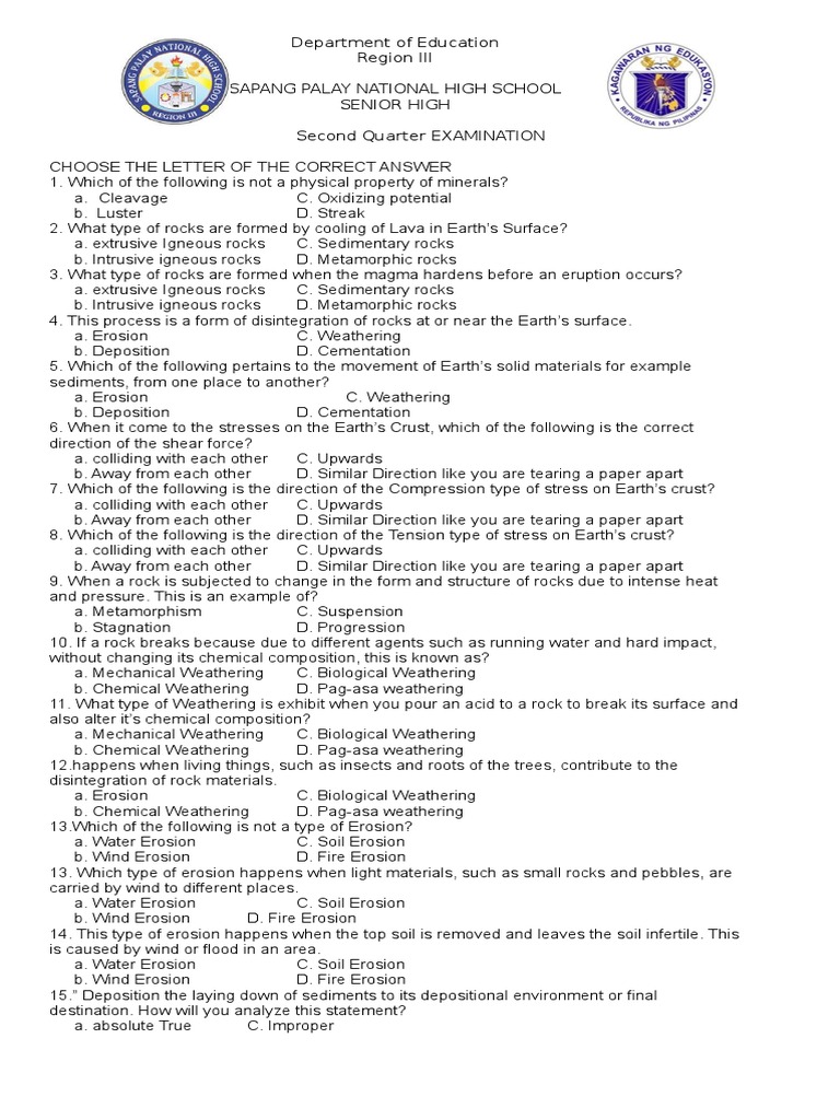 Second Quarter Earth Science Exam | PDF | Rock (Geology) | Weathering
