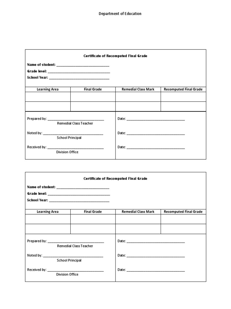 Certificate of Recomputed Final Grade | PDF