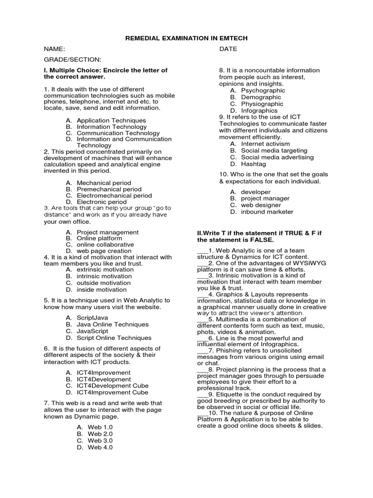 Remedial Examination in Emtech | PDF | World Wide Web | Internet & Web