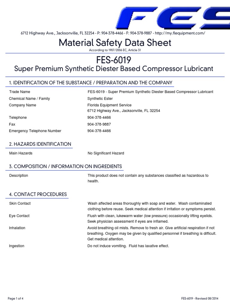 FES-6019 Compressor Lubricant MSDS | PDF | Breathing | Volatile Organic ...