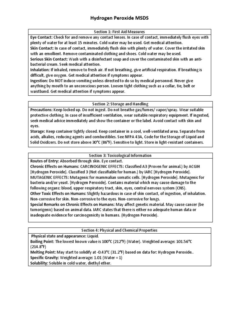Hydrogen Peroxide MSDS | PDF | Hydrogen Peroxide | Carcinogen