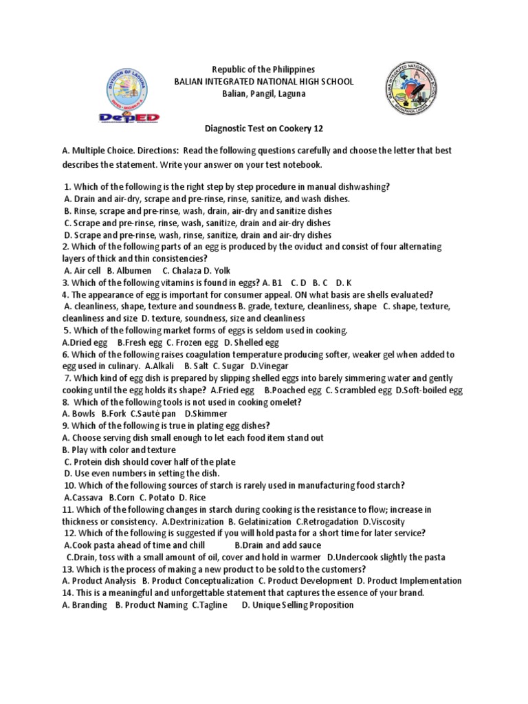 Cookery 12 Diagnostic Test | PDF | Cooking | Egg As Food