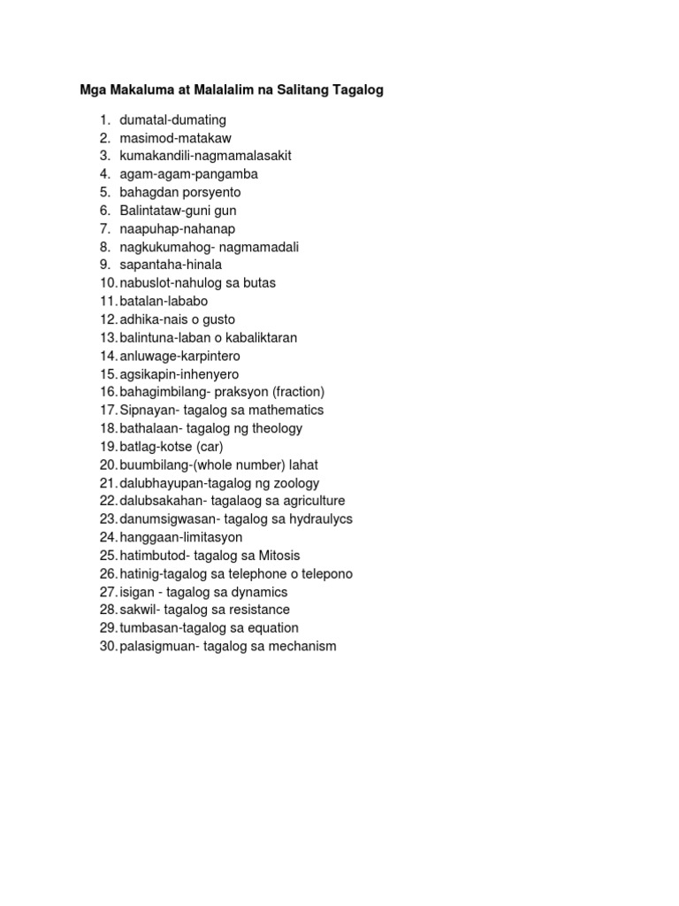 Mga Makaluma at Malalalim Na Salitang Tagalog | PDF