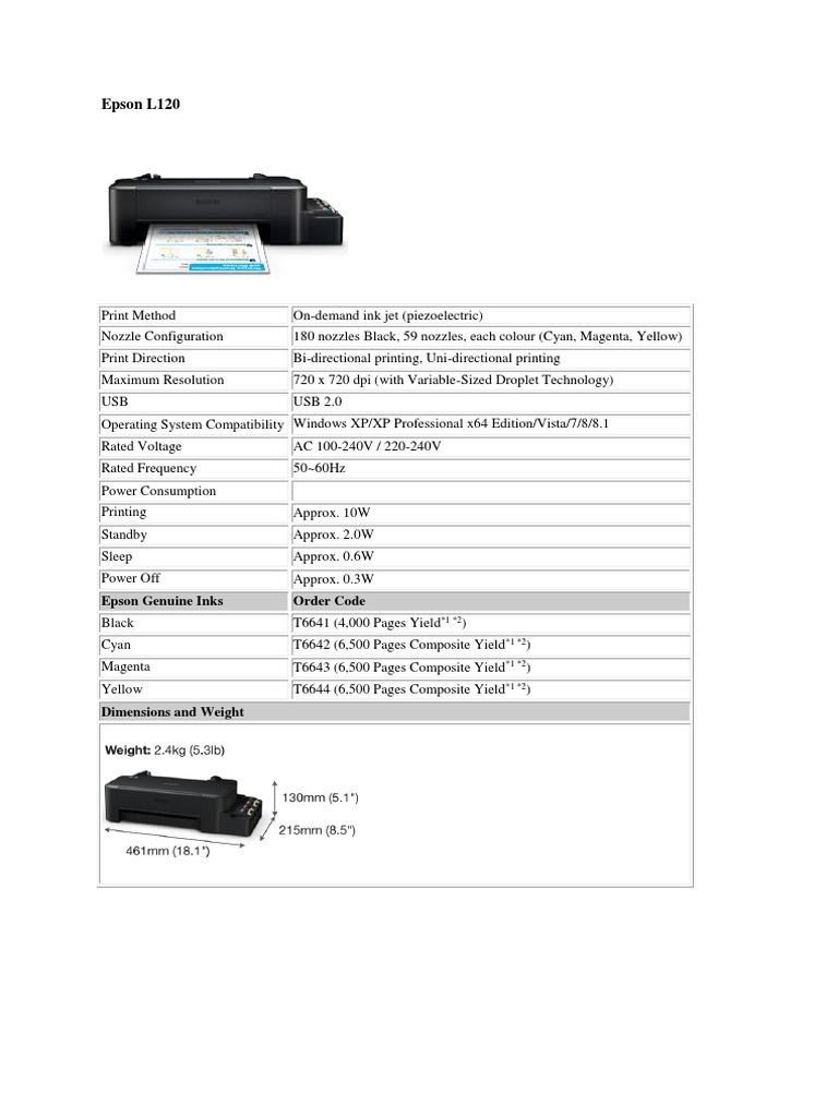 Epson L120: Epson Genuine Inks Order Code | PDF