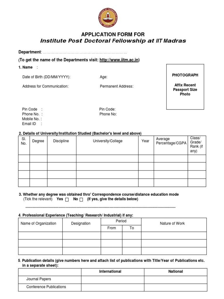 Institute Post Doctoral Fellowship at IIT Madras: Application Form For ...