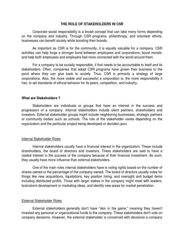 Stakeholder Roles in Corporate Social Responsibility | PDF | Corporate ...