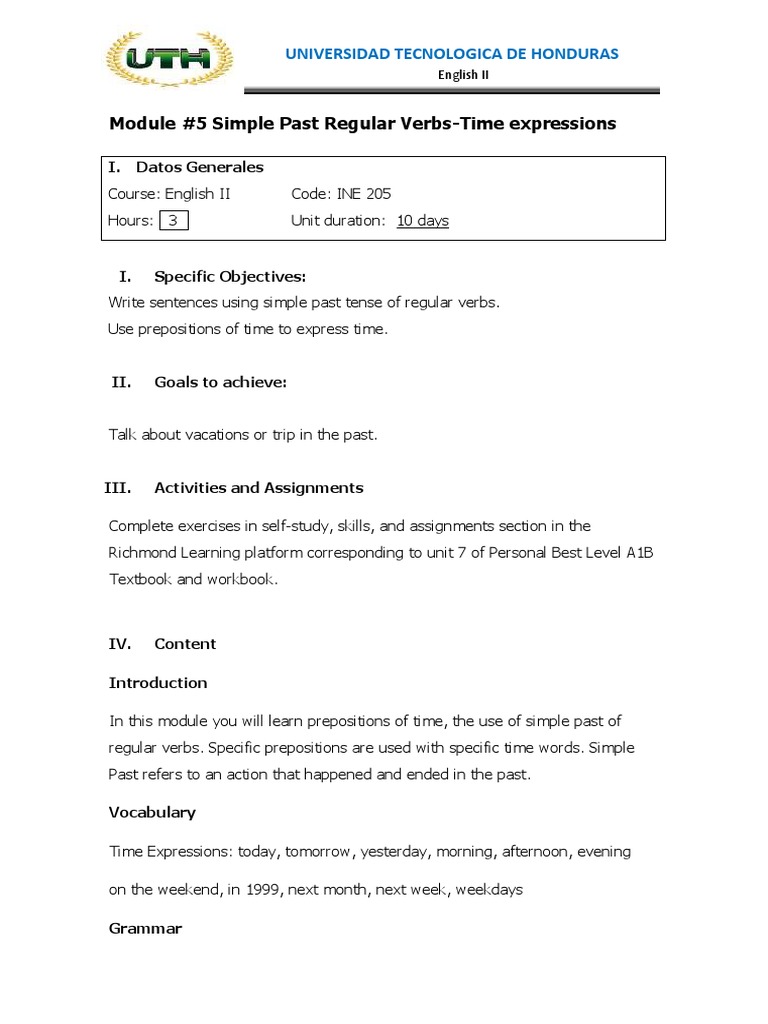 Module 5 Simple Past Regular Verbs Time Expressions | PDF | Grammatical ...