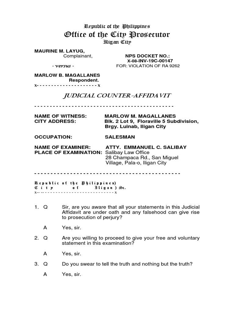 Office of The City Prosecutor: Judicial Counter-Affidavit | PDF | Perjury | Real Property