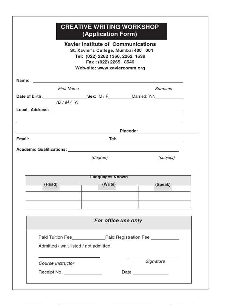 Creative Writing Workshop Application Form | PDF