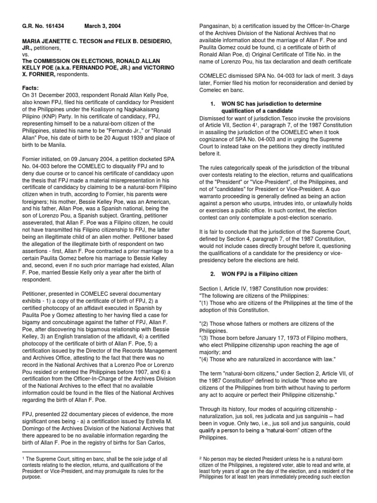 Tecson v. Comelec GR No. 161434 | PDF | Citizenship | Legitimacy ...