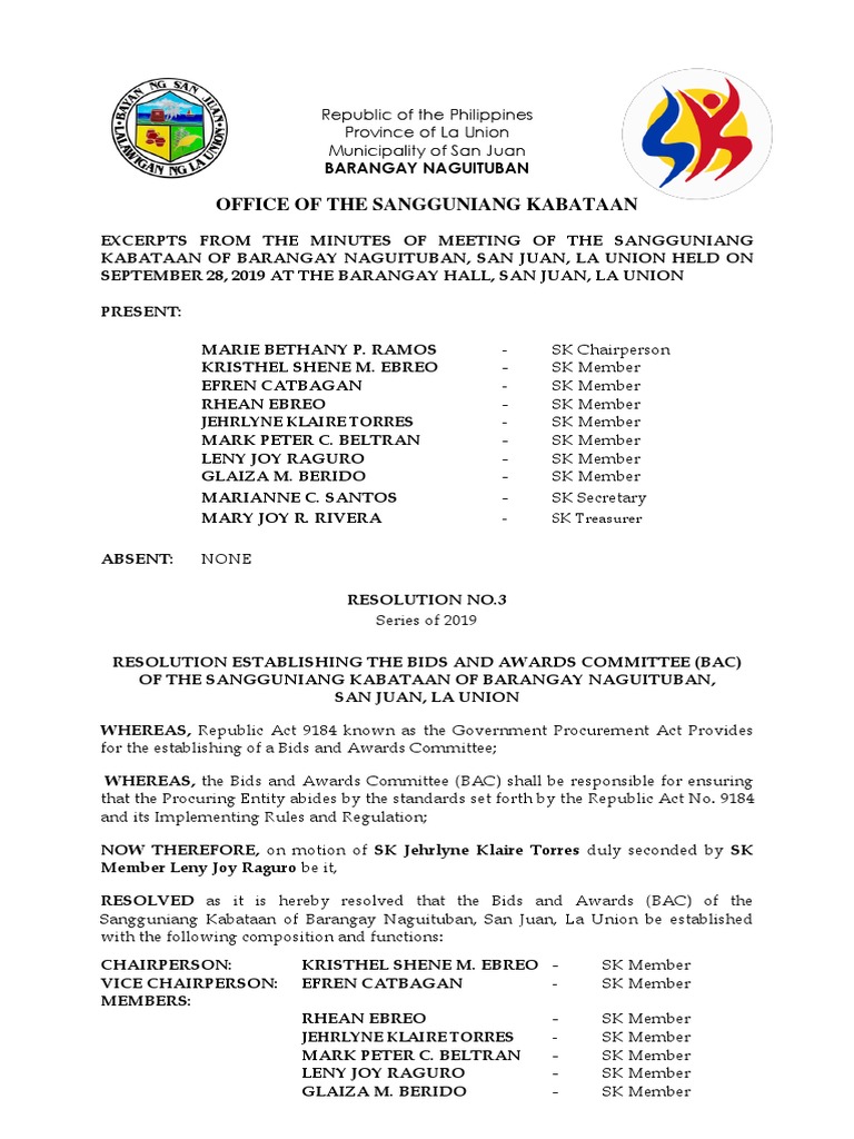 Establishment of Barangay BAC Resolution | PDF | Social Institutions ...