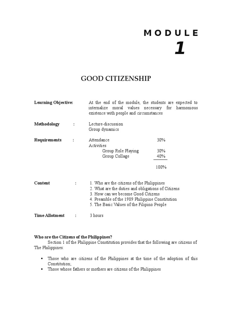 NSTP Module 1 Good Citizenship | PDF | Citizenship | Common Good