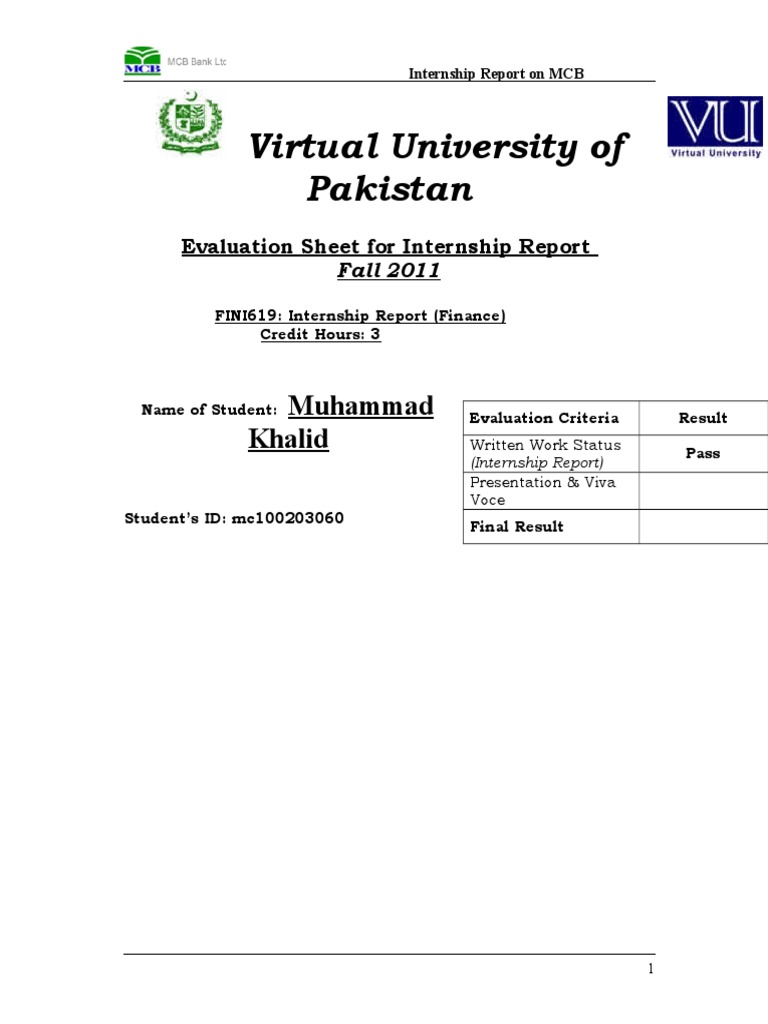 Internship Report on MCB Bank 2011 | PDF | Cheque | Balance Sheet