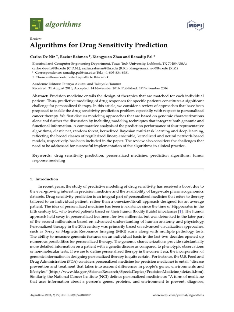 Algorithms For Drug Sensitivity Prediction | PDF | Regression Analysis | Linear Regression