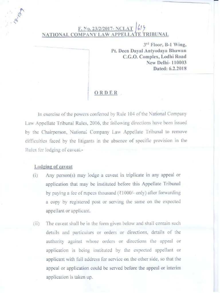 NCLT CAVEAT ORDER-FORM-PROFORMA 06022018 - NCLT-Order PDF | PDF