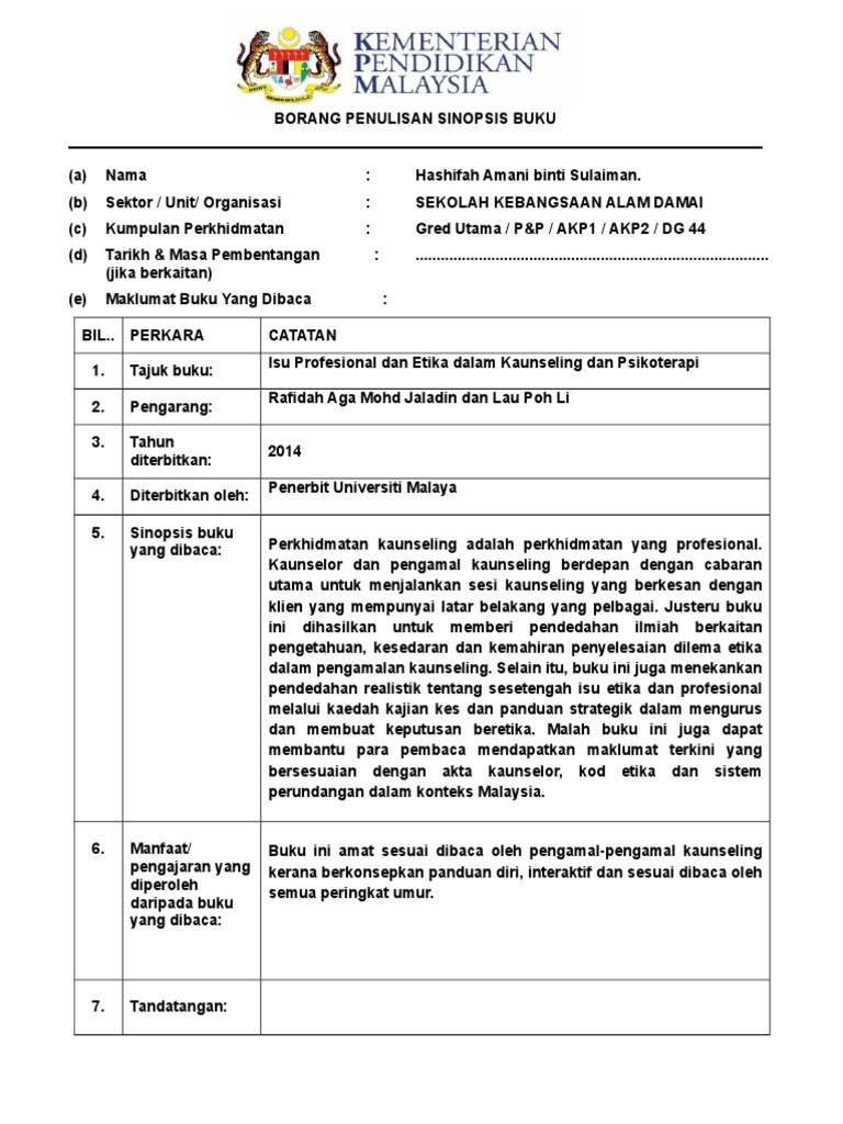 Borang Penulisan Sinopsis Buku (LDP) 1 | PDF