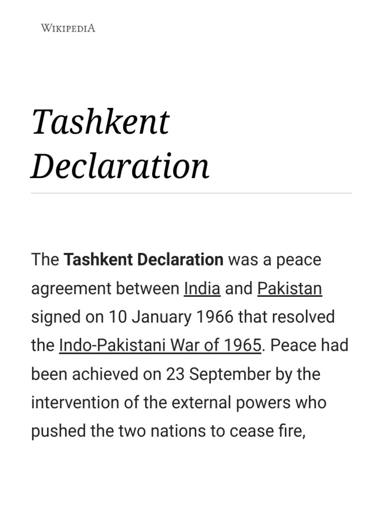 Tashkent Declaration: 1966 Peace Accord | PDF | Foreign Policy | Conflicts
