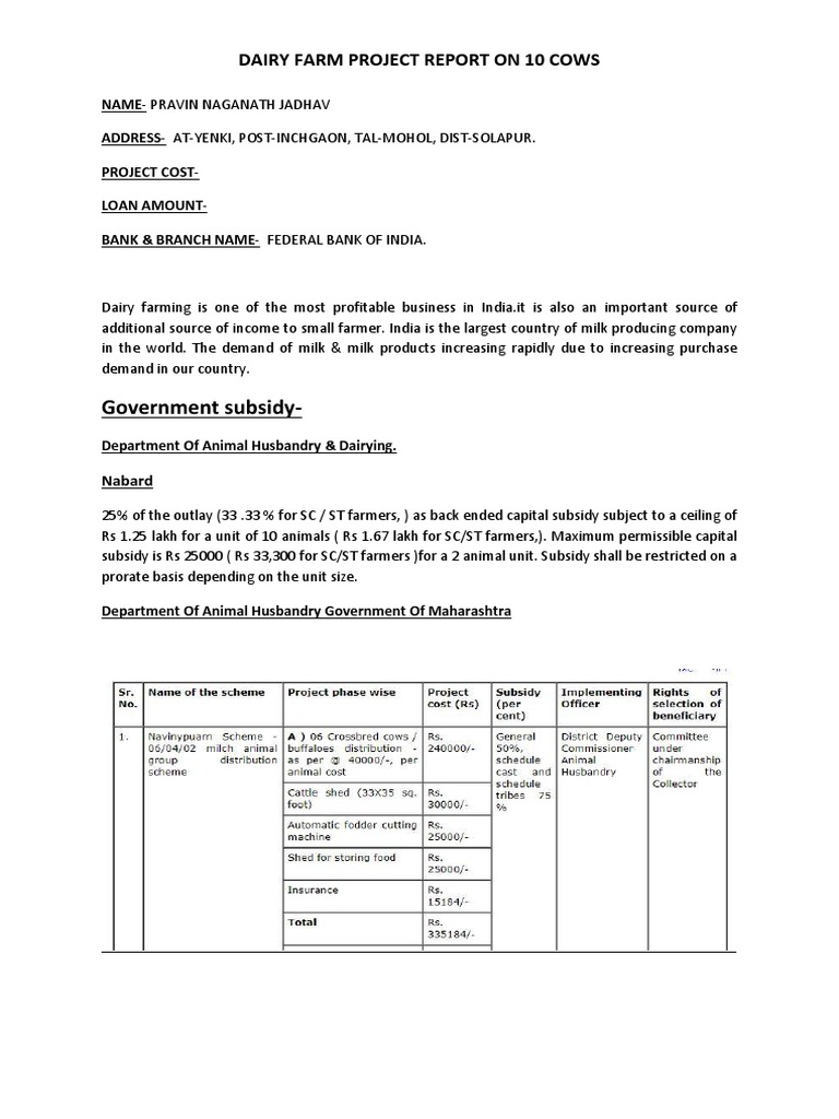 Government Subsidy-: Dairy Farm Project Report On 10 Cows | PDF | Dairy ...