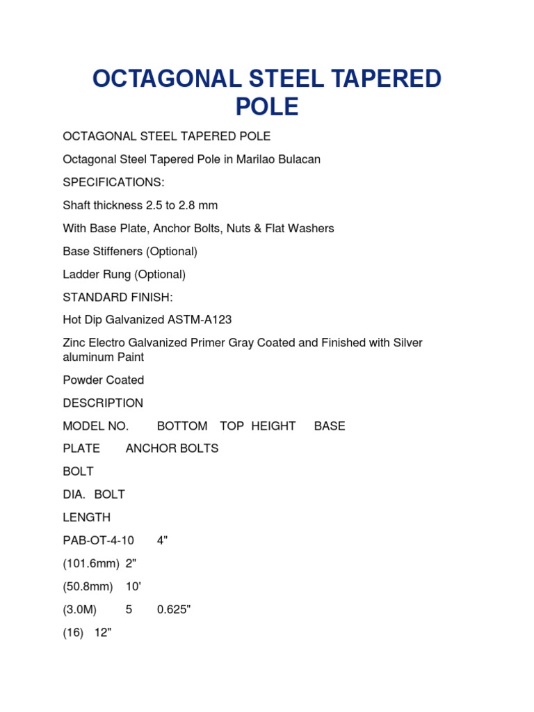 Octagonal Steel Tapered Pole | PDF | Galvanization | Screw