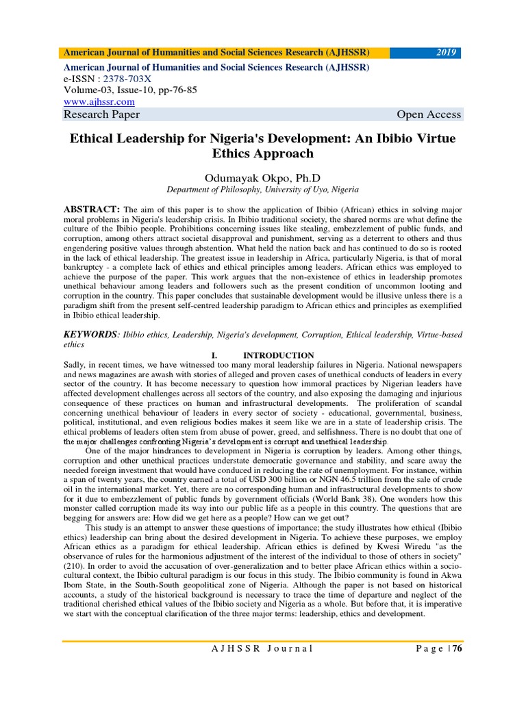 Ethical Leadership For Nigeria's Development: An Ibibio Virtue Ethics Approach | Download Free ...