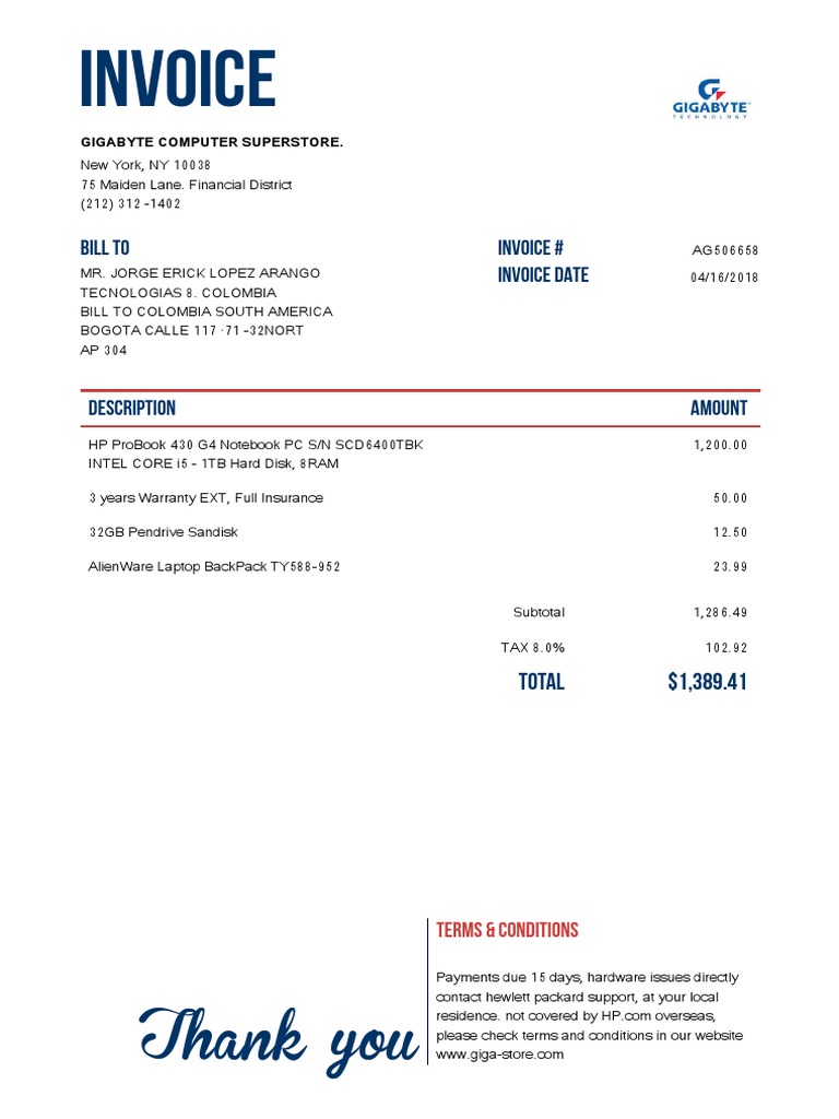 Gigabyte Computer Store Invoice for Colombian Customer | PDF