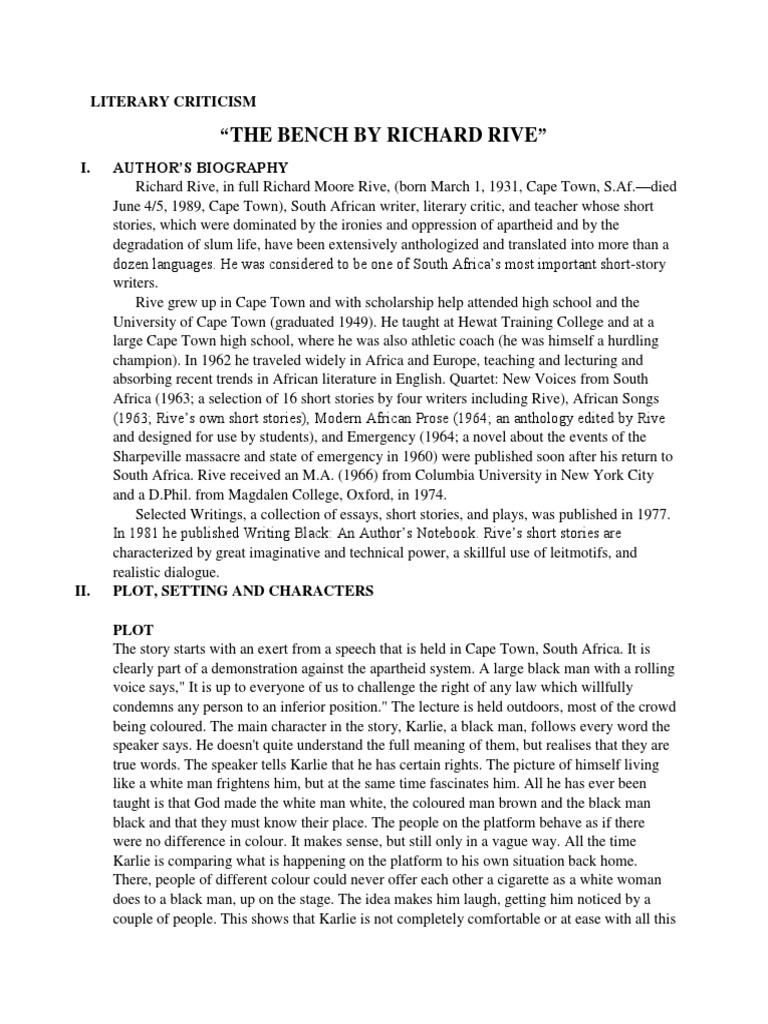 "The Bench by Richard Rive": Literary Criticism | PDF