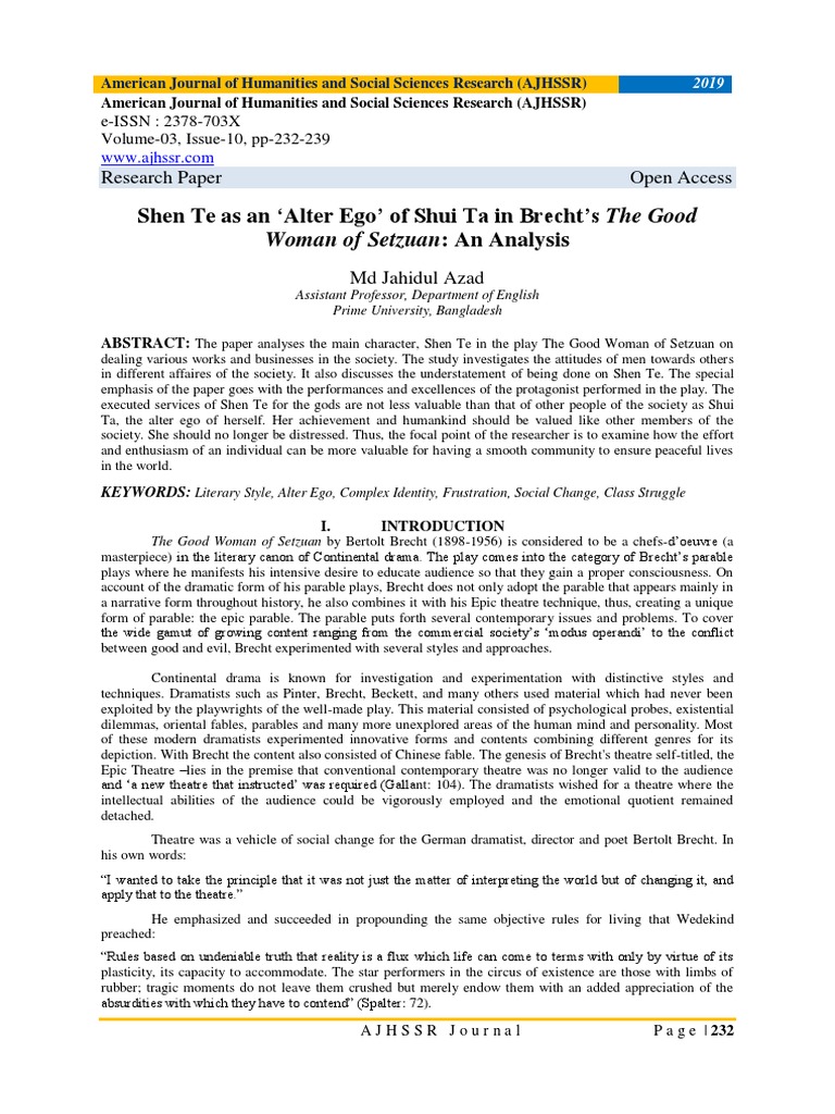 Shen Te As An Alter Ego' of Shui Ta in Brecht's The Good | PDF | Theatre