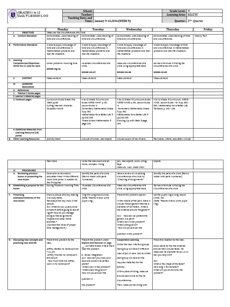 Grade 5 DLL Math 5 q3 Week 9 | PDF | Teaching Mathematics | Educational ...