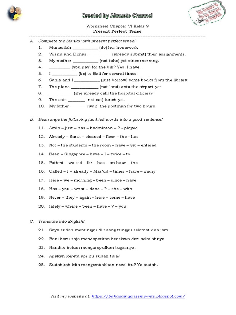 Present Perfect Tense Worksheet Kelas 9 | PDF