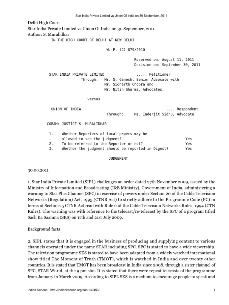 Star India Private Limited Vs Union of India On 30 September, 2011 PDF ...