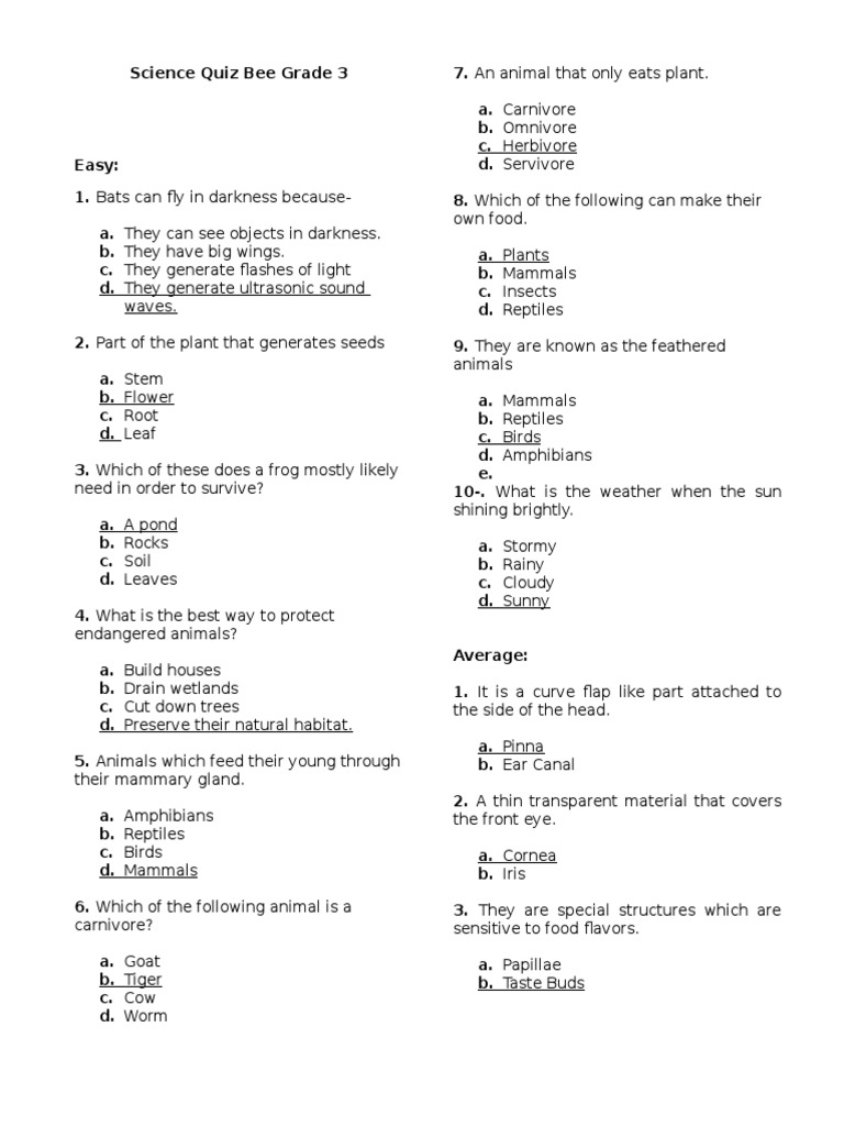 Grade 3 Science Quiz Bee Questions | PDF | Mammals | Plants