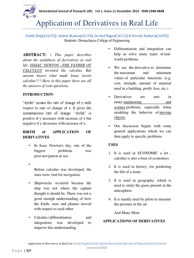 Application of Derivatives in Real Life: Abstract | PDF | Calculus ...