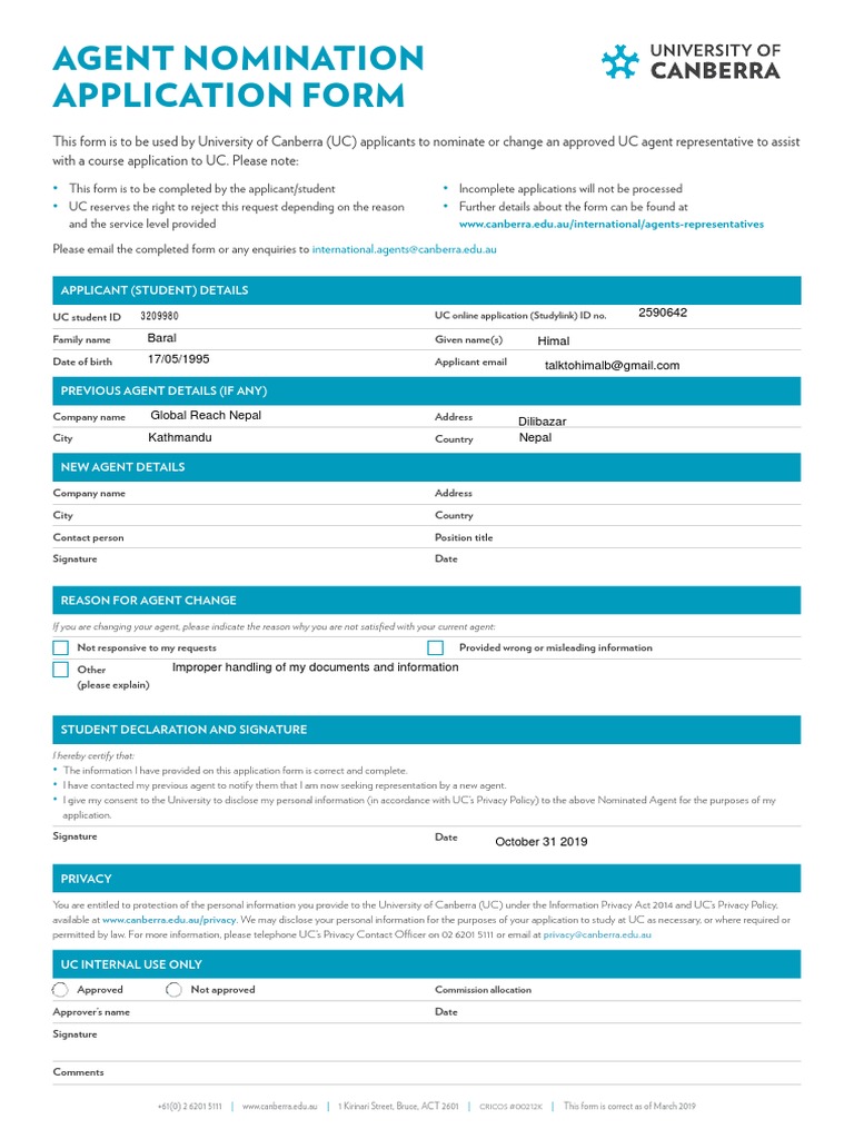 Agent Nomination Application Form | PDF | Privacy | Personally ...