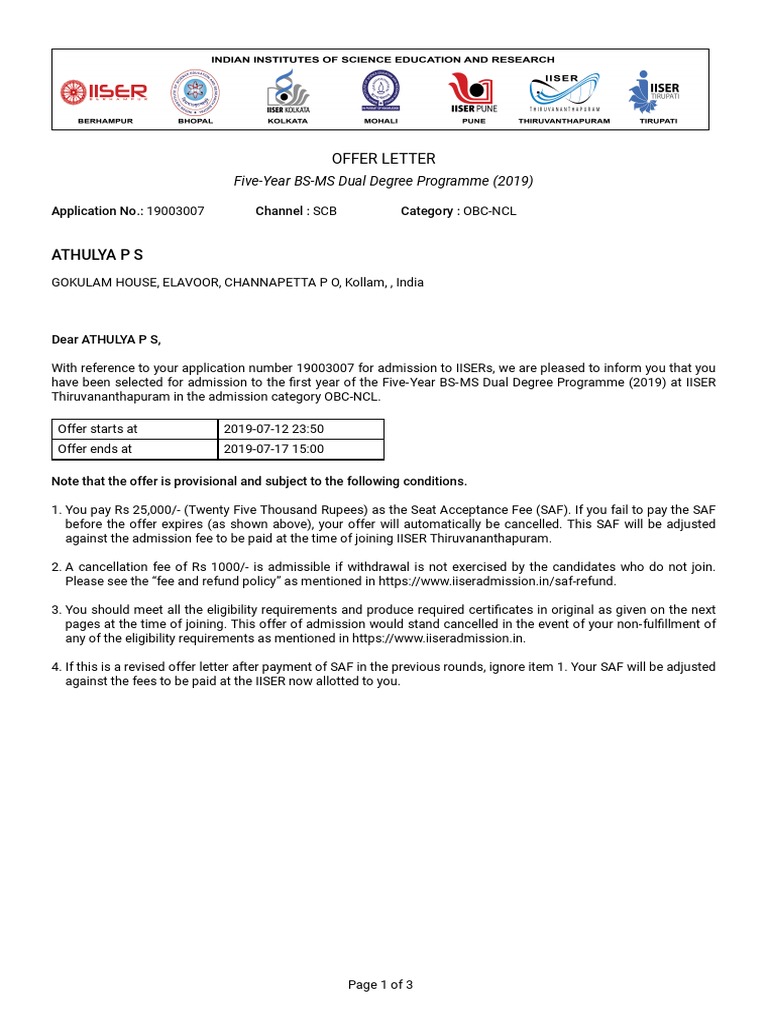 Offer Letter: Five-Year BS-MS Dual Degree Programme (2019) | PDF ...