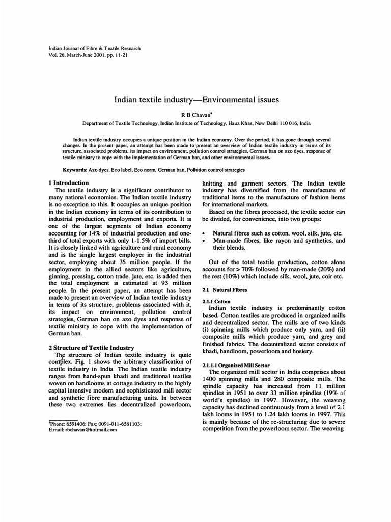 Indian Textile Industry-Environmental Issues: Indian Journal of Fibre Textile Research Vo ...