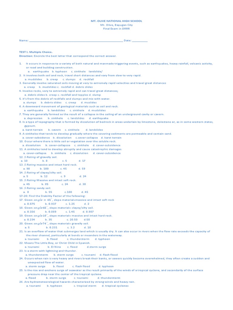 1st Quarter Exam | PDF | Sinkhole | Landslide