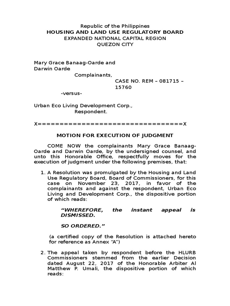 Motion For Execution of Judgment - HLURB | PDF | Judgment (Law) | Justice