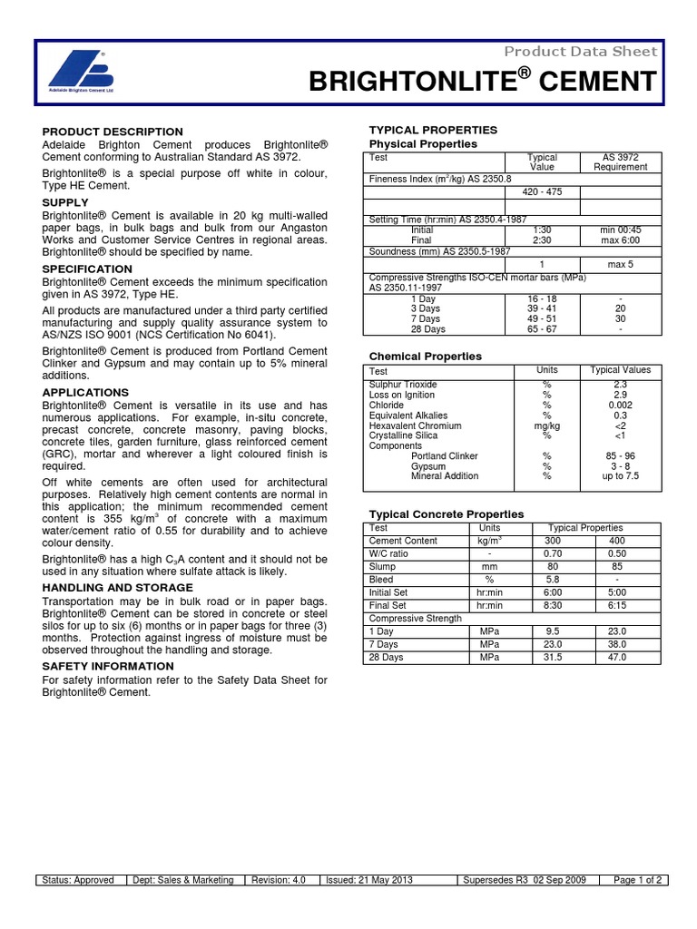 Brightonlite Cement Pds | PDF | Concrete | Cement
