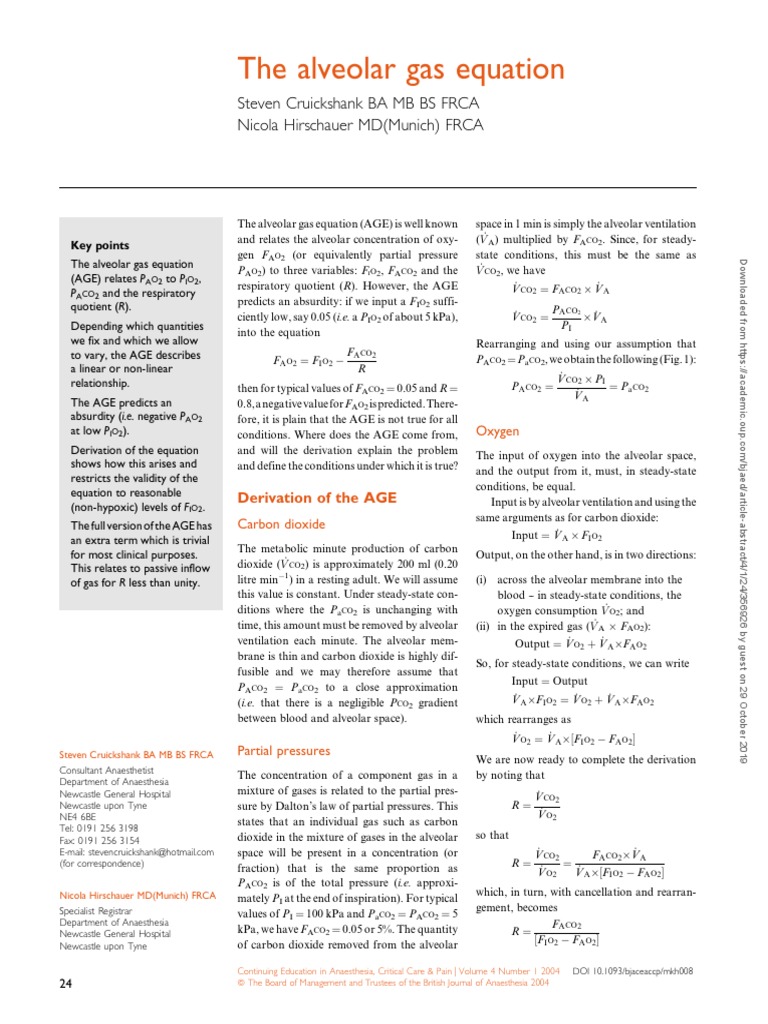 The Alveolar Gas Equation: Steven Cruickshank BA MB BS FRCA Nicola ...
