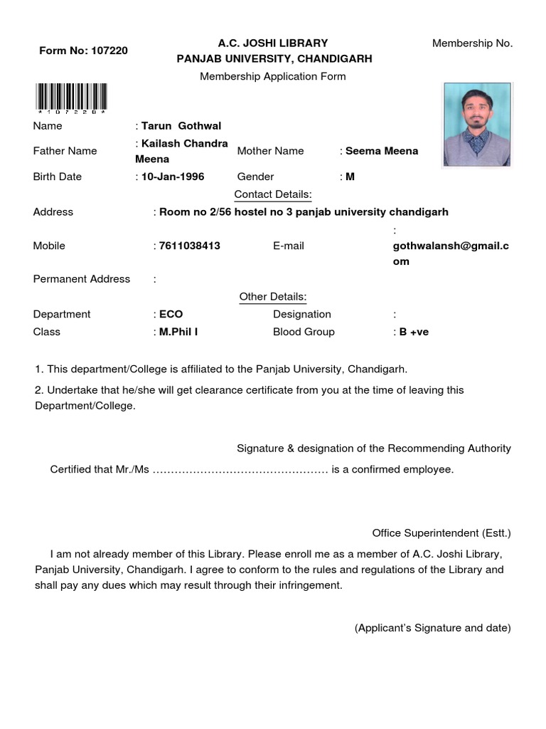 AC Joshi Library Membership Form | PDF