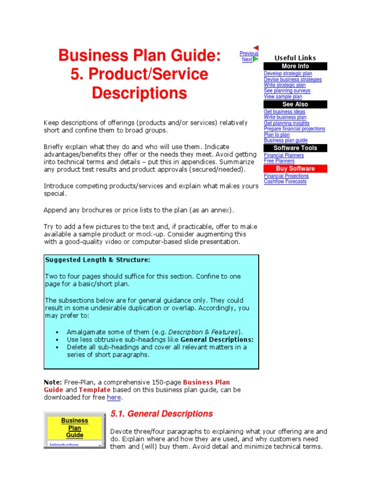 Business Plan Guide: 5. Product/Service Descriptions: Useful Links ...