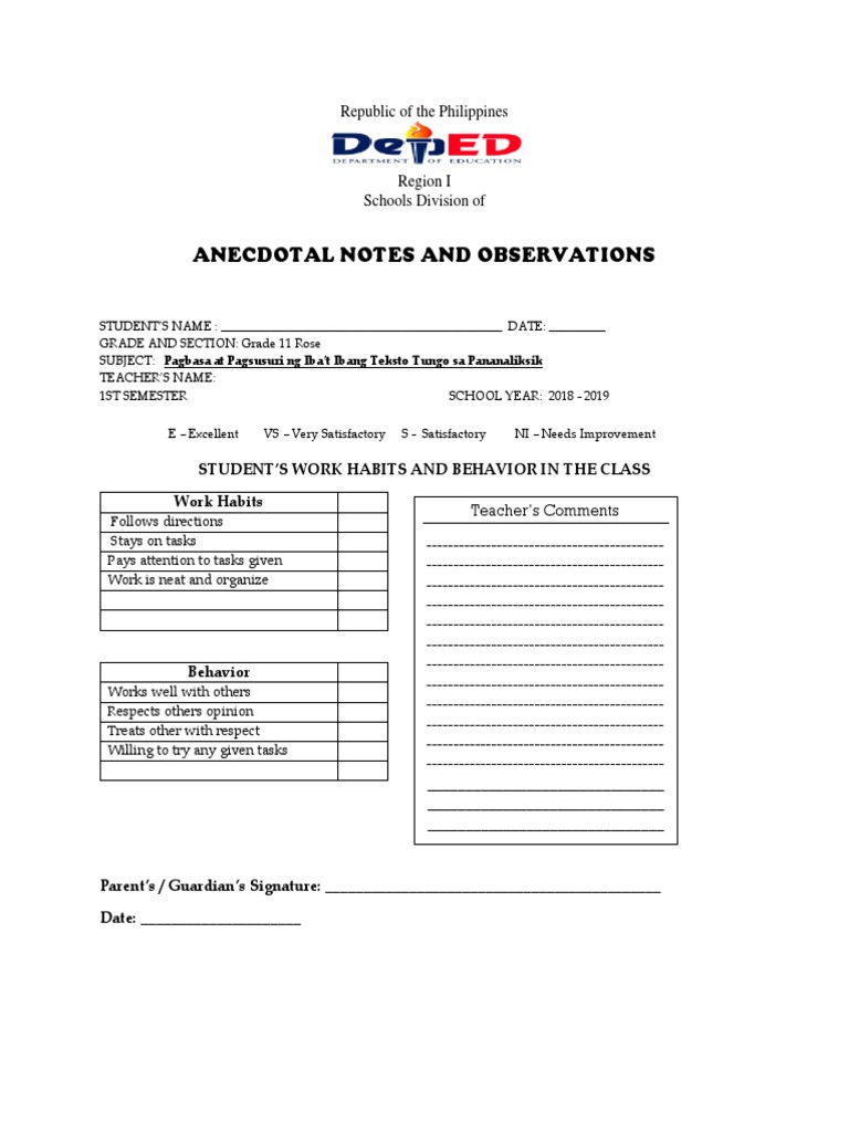 Anecdotal Notes and Observations: Student'S Work Habits and Behavior in ...
